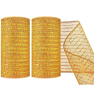 MIKIMIQI 2 Pack Deco Mesh 5.9 Inch x 30 Feet Decor Mesh Ribbon with Metallic Foil Deco Mesh Wreath Supplies Ribbons Mesh Roll for Spring Wreaths, Swags, Craft, Party Decoration (Gold Dark)