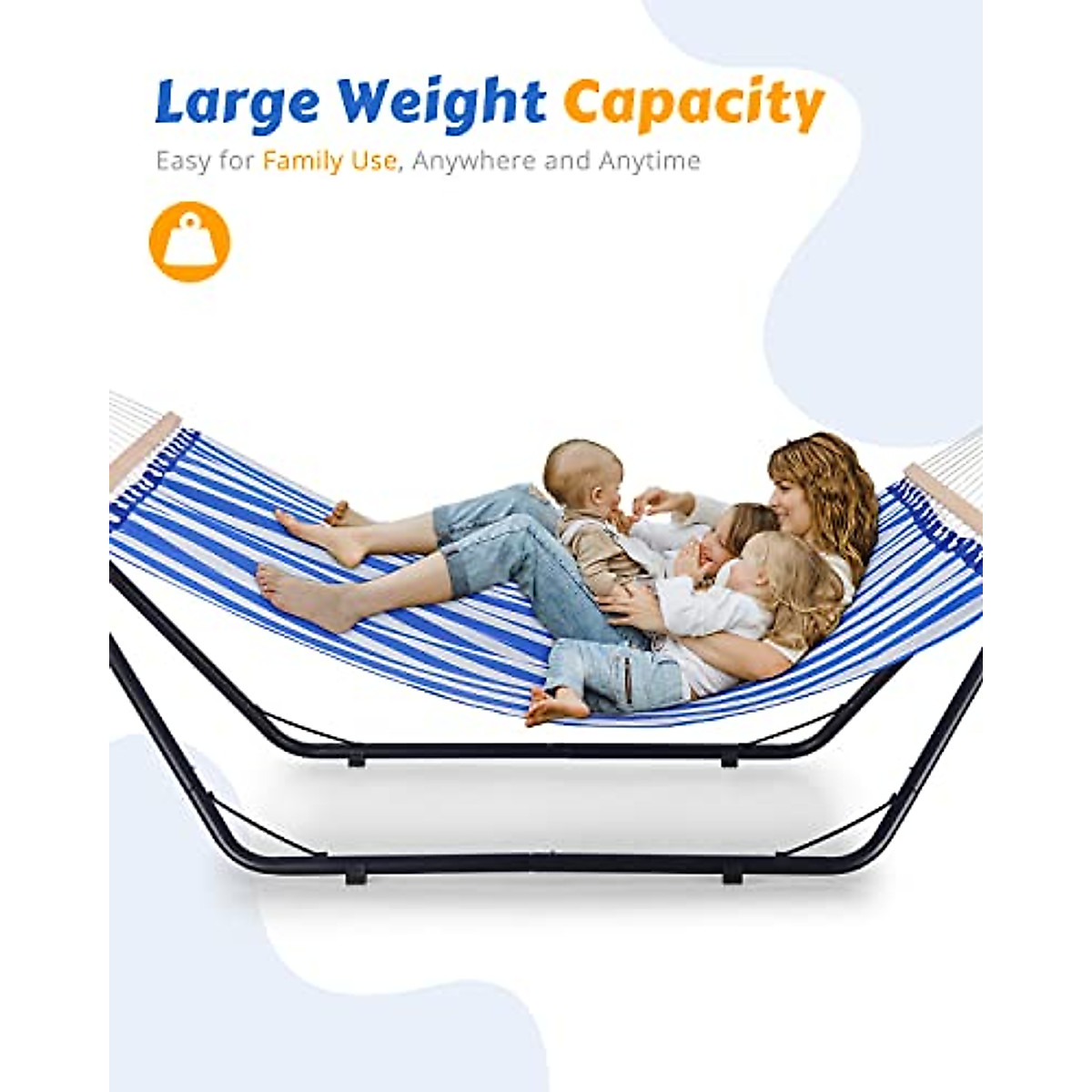 Poolside Hammock with Stand, 2 Person Indoor Outdoor Backyard Beach Patio Hammock, Waterproof UV Resistance, 2 Bags Included. (Blue & White)