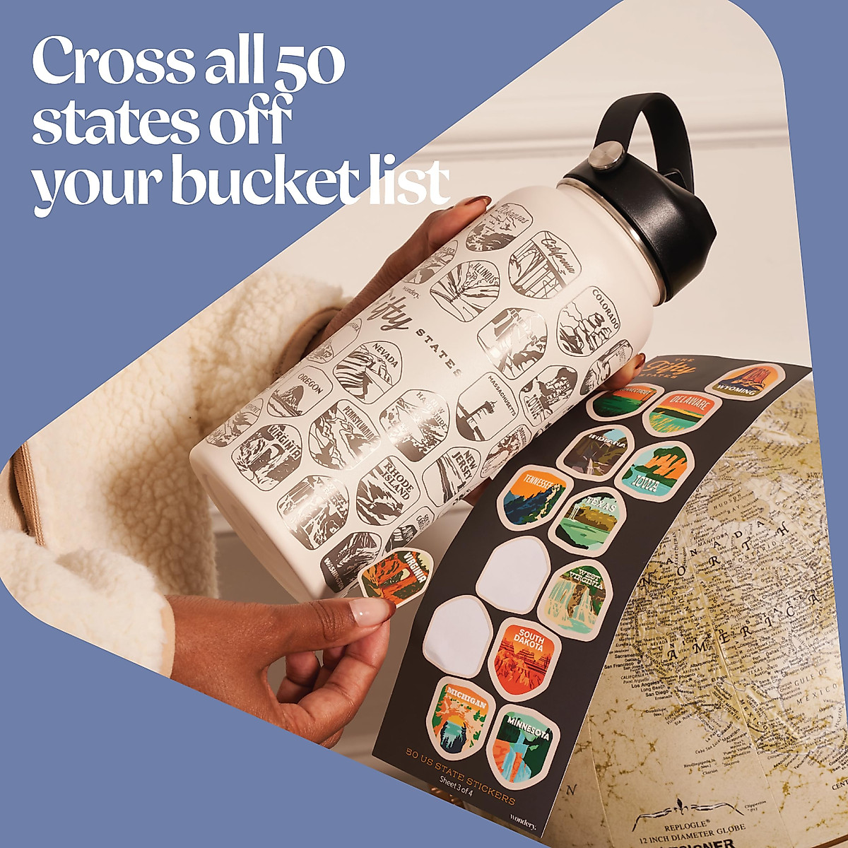 Wondery Official Fifty States Bucket List Travel Water Bottle with Waterproof Stickers and Straw | Cream 32 oz Engraved | Insulated Stainless Steel Vacuum Sealed | Leak Proof