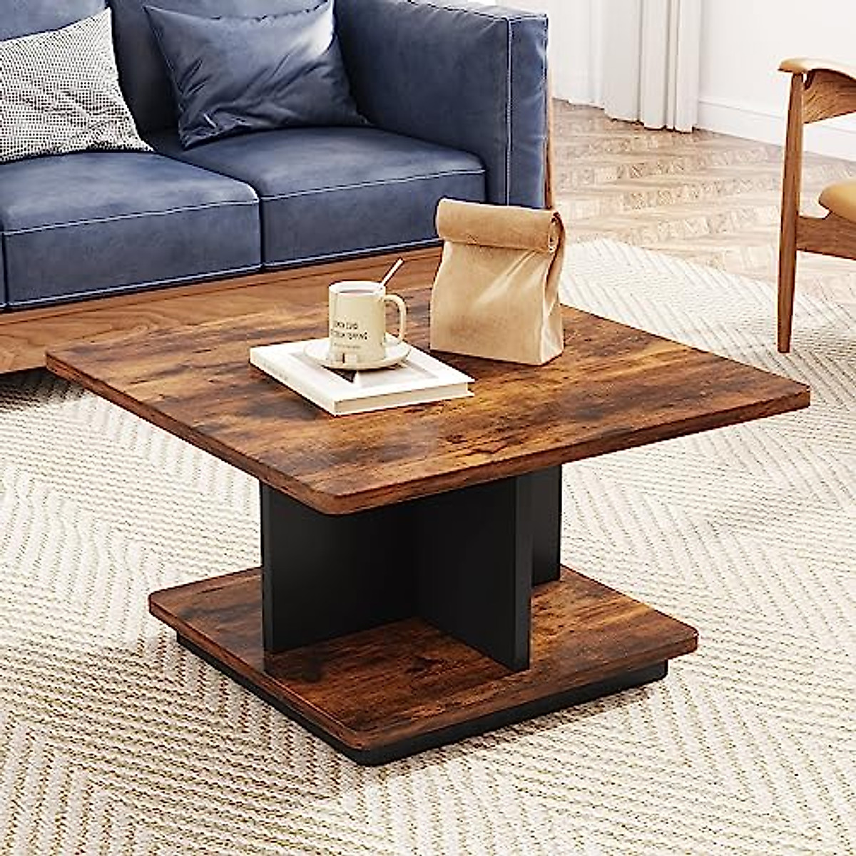 Tribesigns Wood Square Coffee Table: 31.5 Inches 2 Tiers Farmhouse Coffee Table, Wooden Rustic Coffee Table with Storage, Mid Centry Modern Home Furniture for Living Room, Brown
