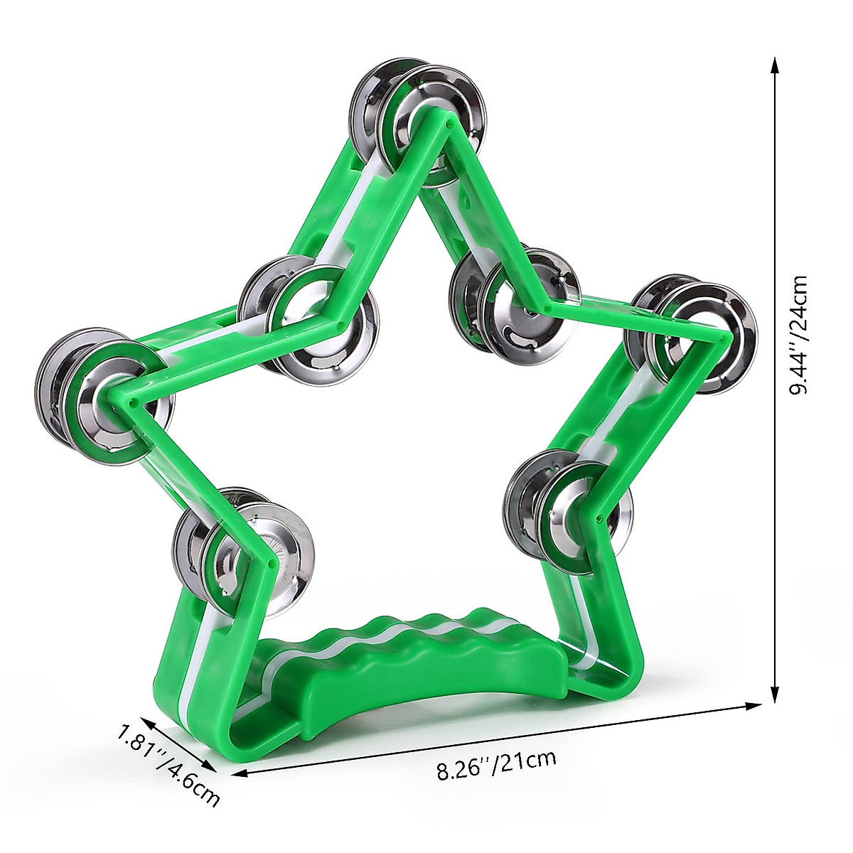 Facnogu 1 Pair Pentagram Handheld Tambourine Handbell Timbrel, Double Row Musical Percussion Instrument with 28 Nickel Steel Jingles - Green