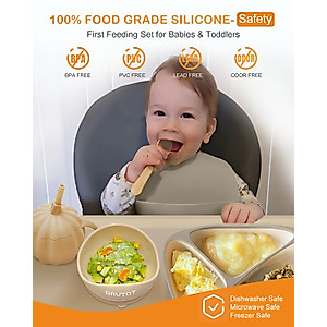 BRVTOT Baby Silicone Suction Plates and Bowls Set with Sippy Straw Snack Cup, Bib, Spoon Fork, 9 PCS Toddler Led Weaning Supplies, Feeding Dishes Set for Toddler Baby Gifts