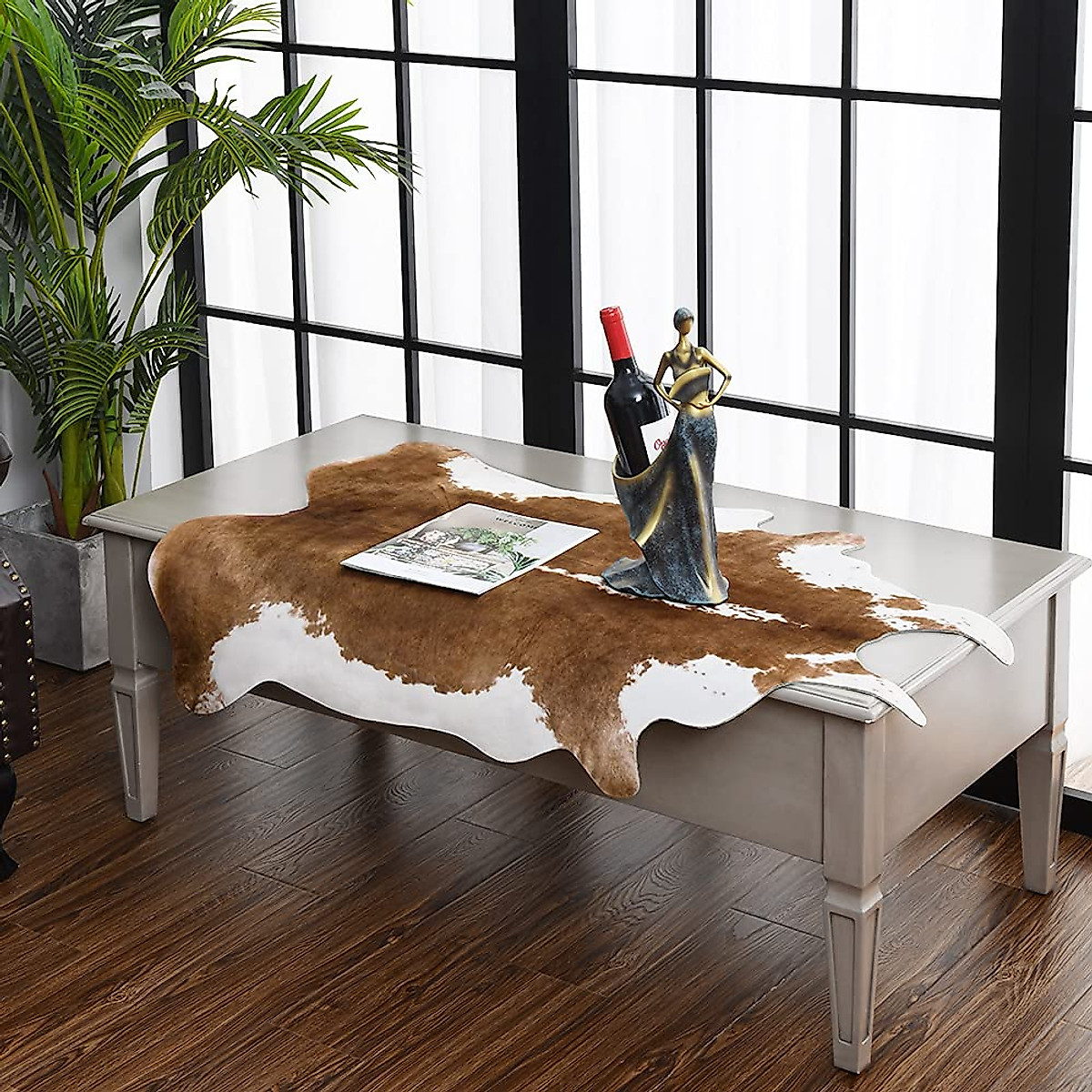 HOMORE Cowhide Rug, Cute Cow Print Rug for Living Room Faux Cow Hide Animal Print Carpet for Bedroom Office Table, 3.6 x 2.3 Feet, Khaki Brown