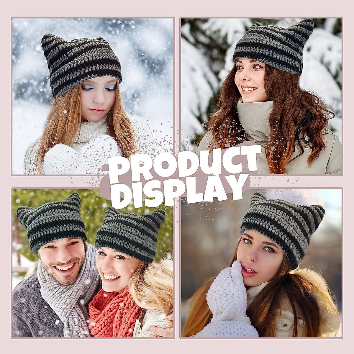 Cat Ear Beanie for Women Knitted Crochet Fox Hat with Striped Winter Cap Y2K Accessories Grunge Goth Slouchy Beanies Black