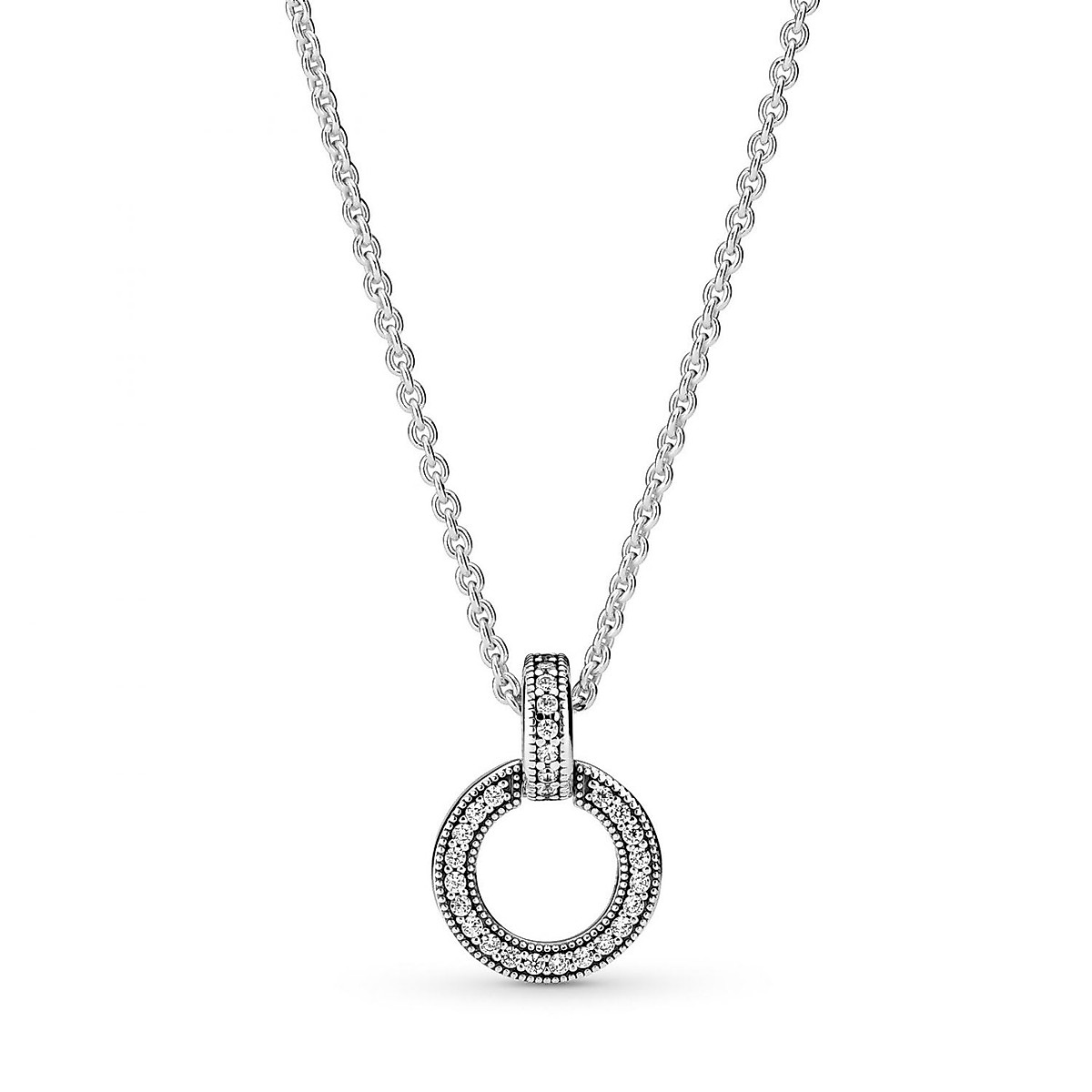 Pandora Double Circle Pendant & Necklace - Elegant Women's Jewelry - Great Gift for Her - Sterling Silver & Cubic Zirconia - 17.7"