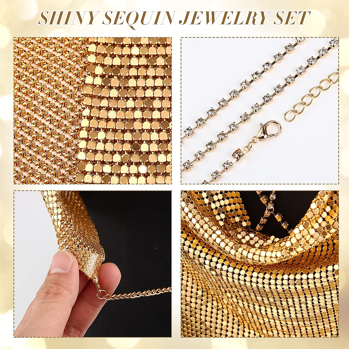 SATINIOR Shiny Tank Top for Women Crystal Body Neck Chain Sequin Tops with Nipple Pasties Double Sided Tape Party(Gold)