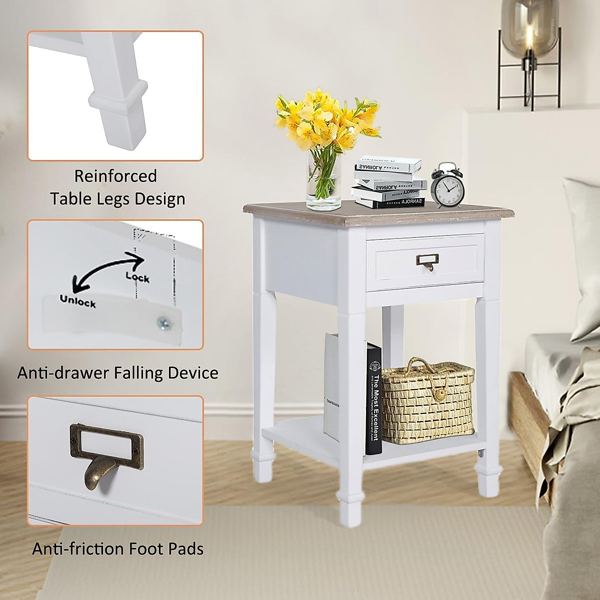 Kinsuite White Side Table Set of 2 Wood End Table Nightstands with Drawer and Storage Shelf