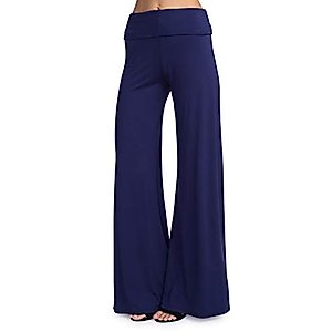 YELETE Women's Fashion Colorful Printed High Waist Fold Over Wide Leg Palazzo Pants (Large, Navy)