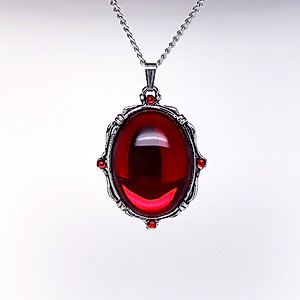 Blood Red Oval Stone In Silver Finish Pewter Frame Pendant Necklace