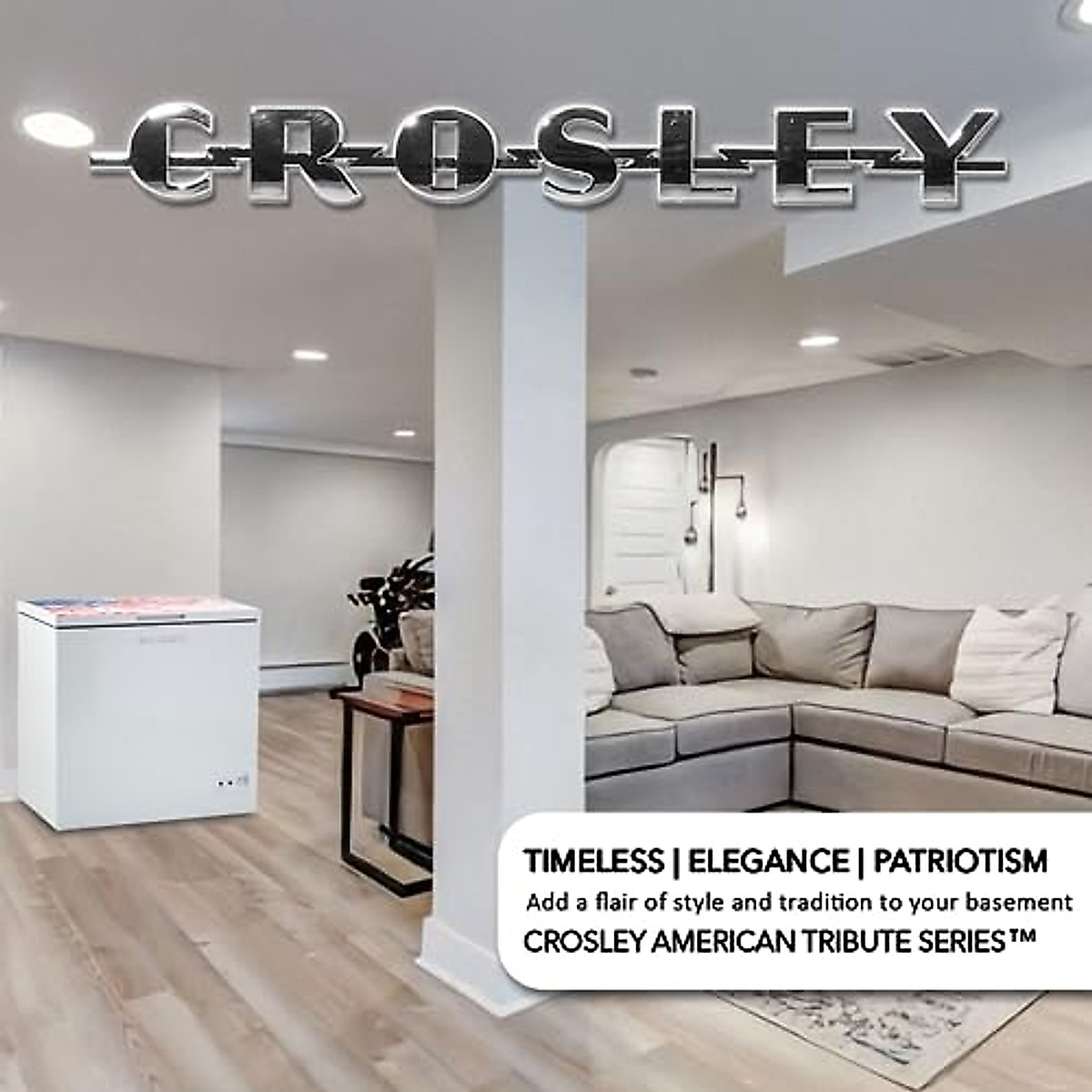 Crosley American Tribute 7cf Mini Deep Chest Freezer: Small & compact w/USA flag bunting outside lid. The best 4 garage, apartment, dorm, bar, bedroom, ice cream, frozen food & big family meat packs
