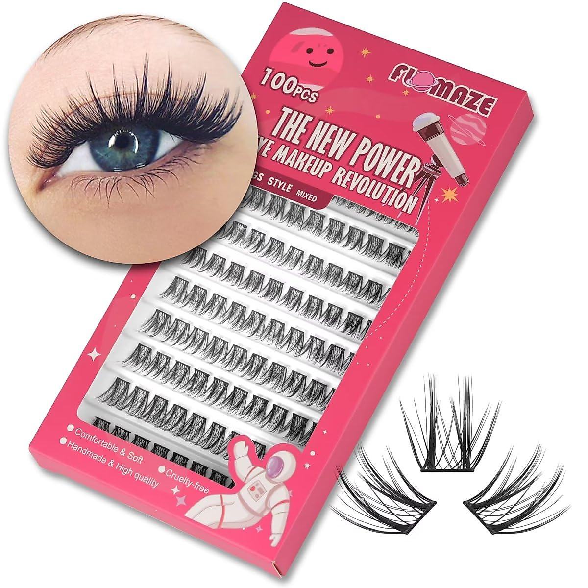 FLOMAZE Lash Clusters 100 Pcs DIY Eyelash Extension Wide Stem Lightweight Handmade Reusable Individual Lashes DIY at Home (Wings-100 pcs-Mixed)
