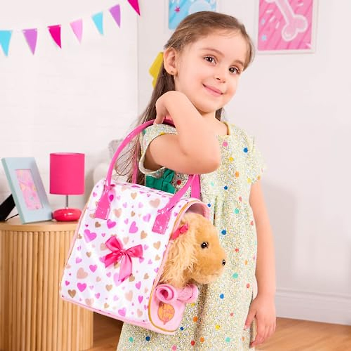 Pucci Pups - Gold & Pink Heart Print Glam Bag w/Cocker Spaniel, 8 inches