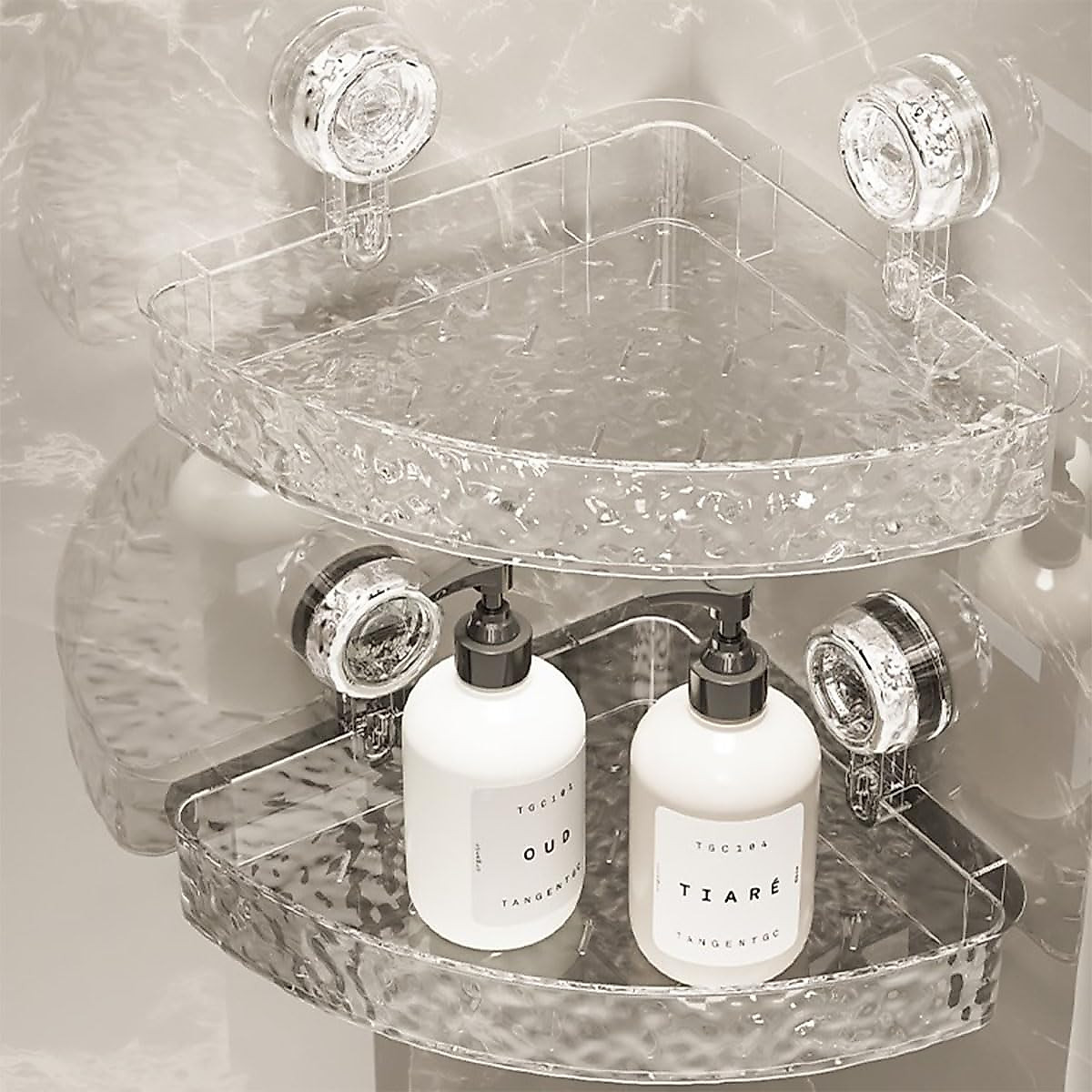 LGQY Raidley No Drill Clear Wall Caddy, Drill-Free Removable Multi Triangle Storage,2024 new light luxury style glacier pattern suction cup shelf (Clear-B)