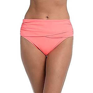 La Blanca Women's Island Goddess Banded Mid Waist Pant Bikini Swimsuit Bottom, Hot Coral, 10