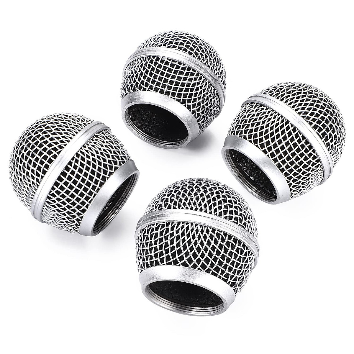 Facmogu 4PCS Microphone Head Replace, Grille Mic Replacement Ball Head, Microphone Grille Ball with Inner Foam, Steel Mesh Microphone Grille Heads, Grille Ball Type Fits for SM58 SM58S BETA58 - Silver