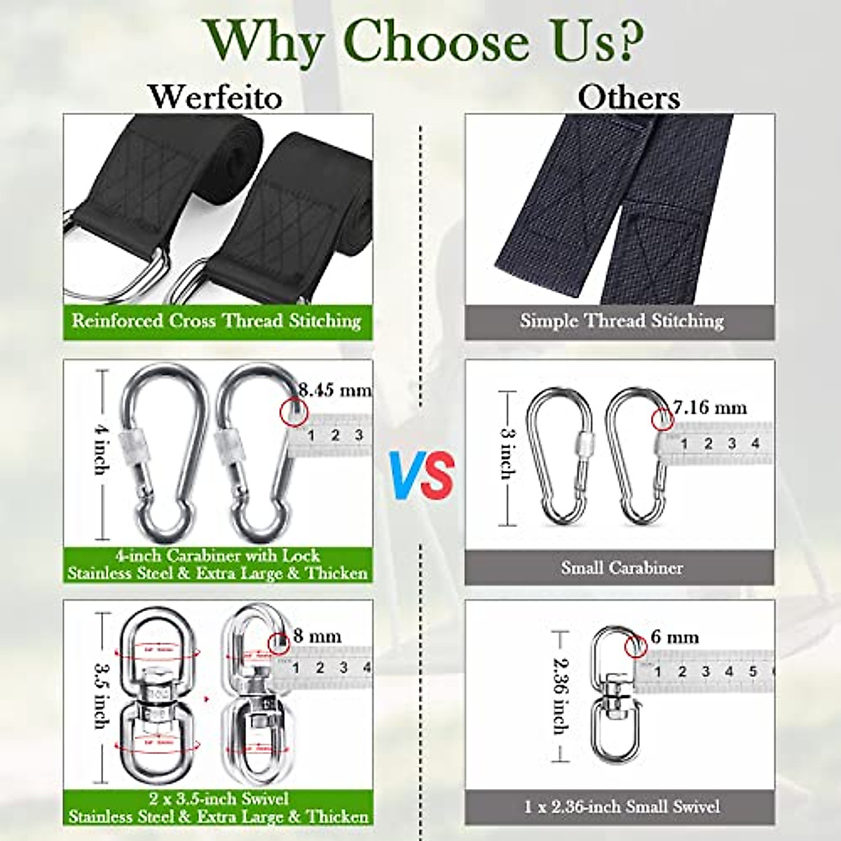 Werfeito Extra Long Tree Swing Straps, 3FT/10FT/20FT/30FT Tree Swing Hanging Straps Kit Holds 5000 lbs with Tree Protector, Heavy Duty Carabiner and Swivel Perfect for Swings & Hammocks (20 FT)