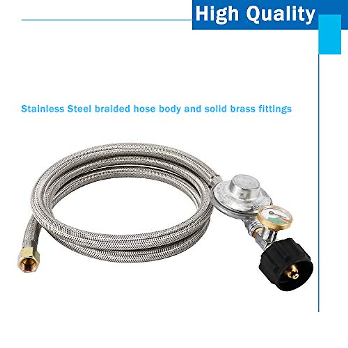 Artilife 5 FT (1.5M) Propane Regulator Hose Replacement with Propane Tank Gauge, Stainless Steel Braided Hose for Burner Stove, Gas Water Heater, Burner and More