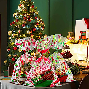 Cholemy 30 Pcs Christmas Large Cellophane Gift Basket Bags 19.7" x 27.6" Xmas Gift Bags Bulk Jumbo Holiday Plastic Gift Wrap Bags with 100 Twist Ties Snowflake Xmas Tree Goody Bags Xmas Party Supply