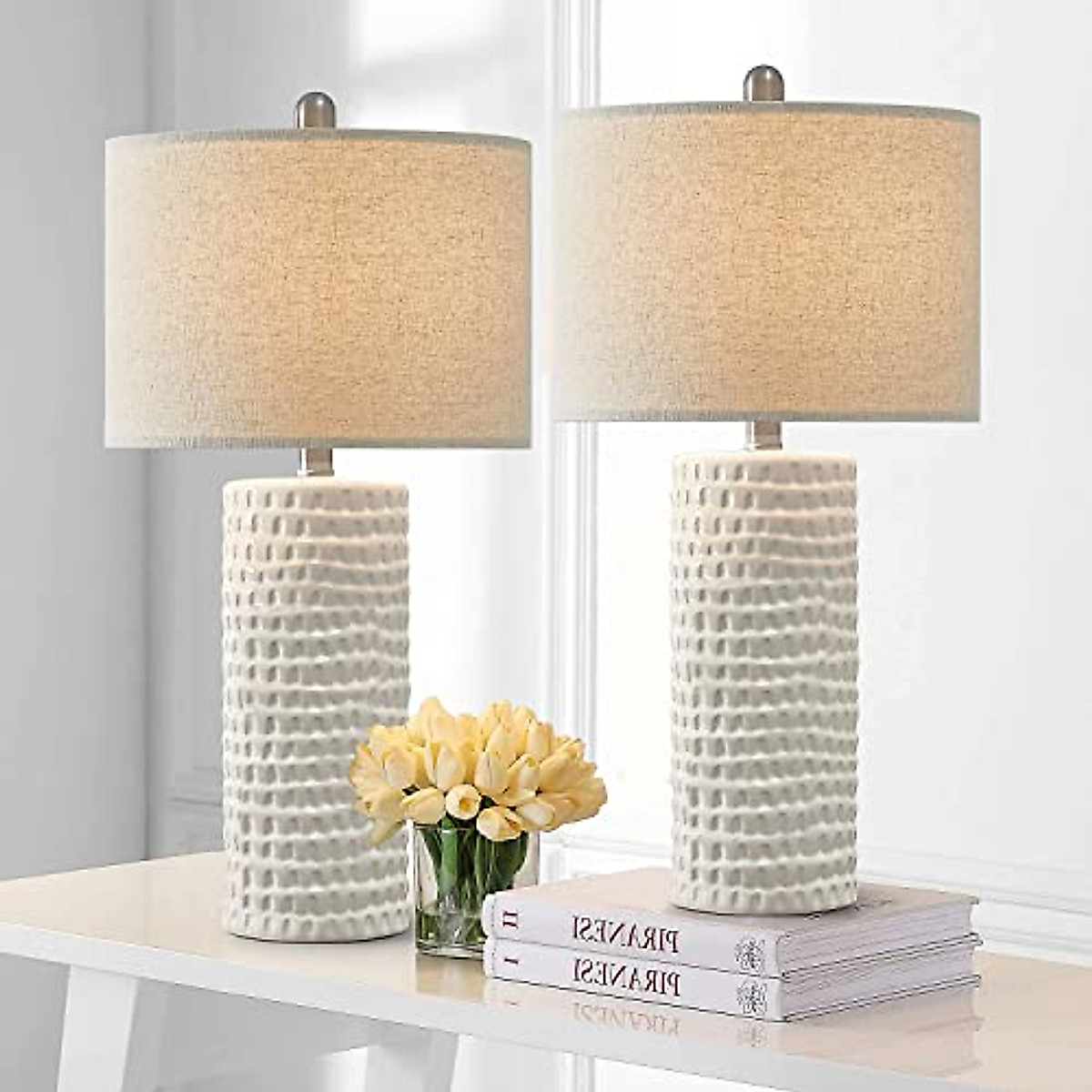 PORTRES 24.5" Modern Accent Ceramic Table Lamp Set of 2 for Bedroom White Desk Decor Bedside Lamps for Living Room Study Room Office Dorm Farmhouse Nightstand Lamp End Table Lamps