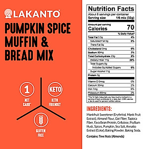 Lakanto Sugar Free Pumpkin Spice Muffin and Bread Mix - Sweetened with Monk Fruit, Keto Diet Friendly, Gluten Free, Dairy Free, 1g Net Carbs - Makes 12 Muffins