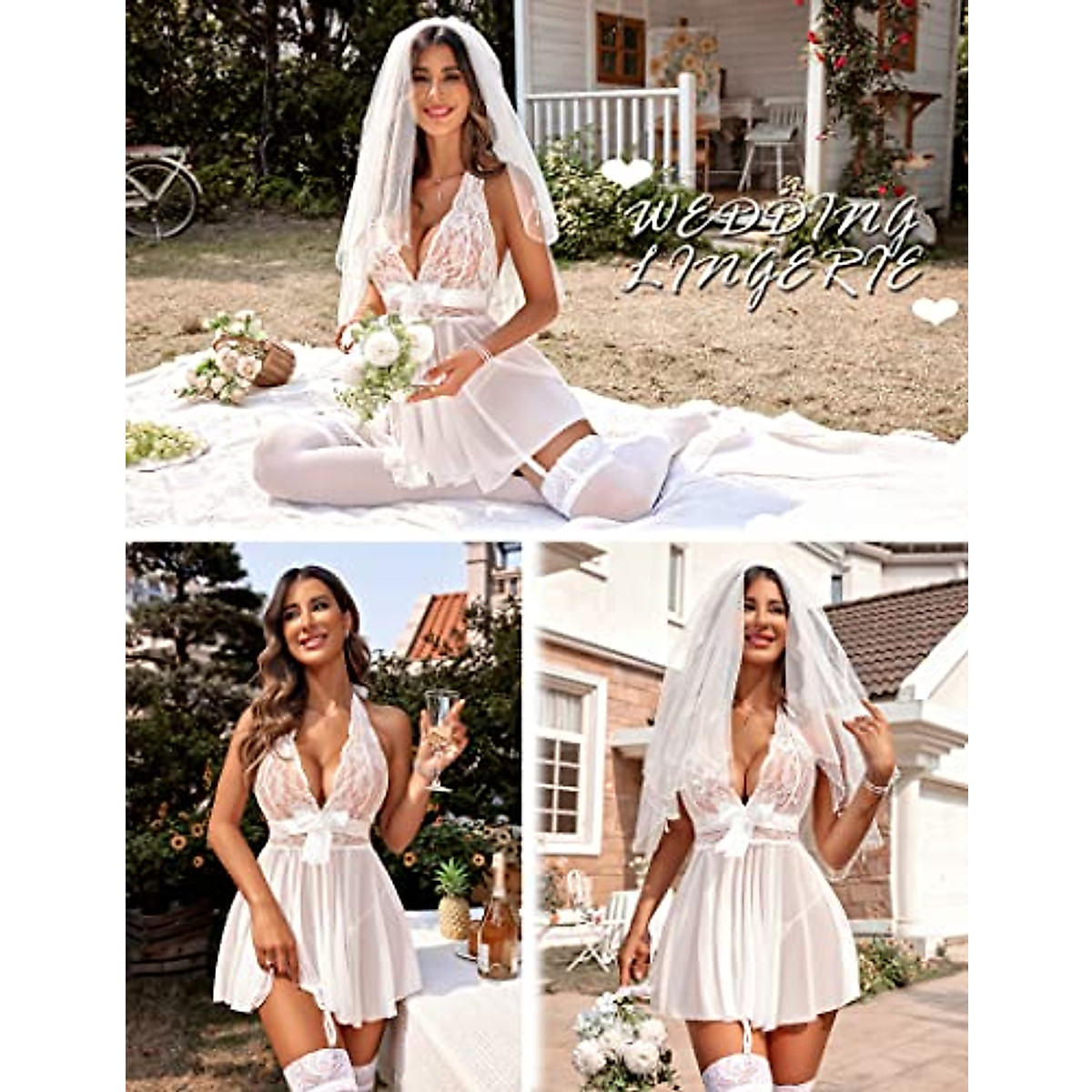 Avidlove Women Lace Babydoll Lingerie with Garter Belt V Neck Mesh Chemise White L