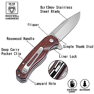 2 Pack Pocket Knife Folding, 8cr13mov Stainless Steel Blade and Aluminum Handle / Rosewood Handle, EDC Tool Knife Tactical Knife, Great for Camping Hunting Hiking, with Belt Clip