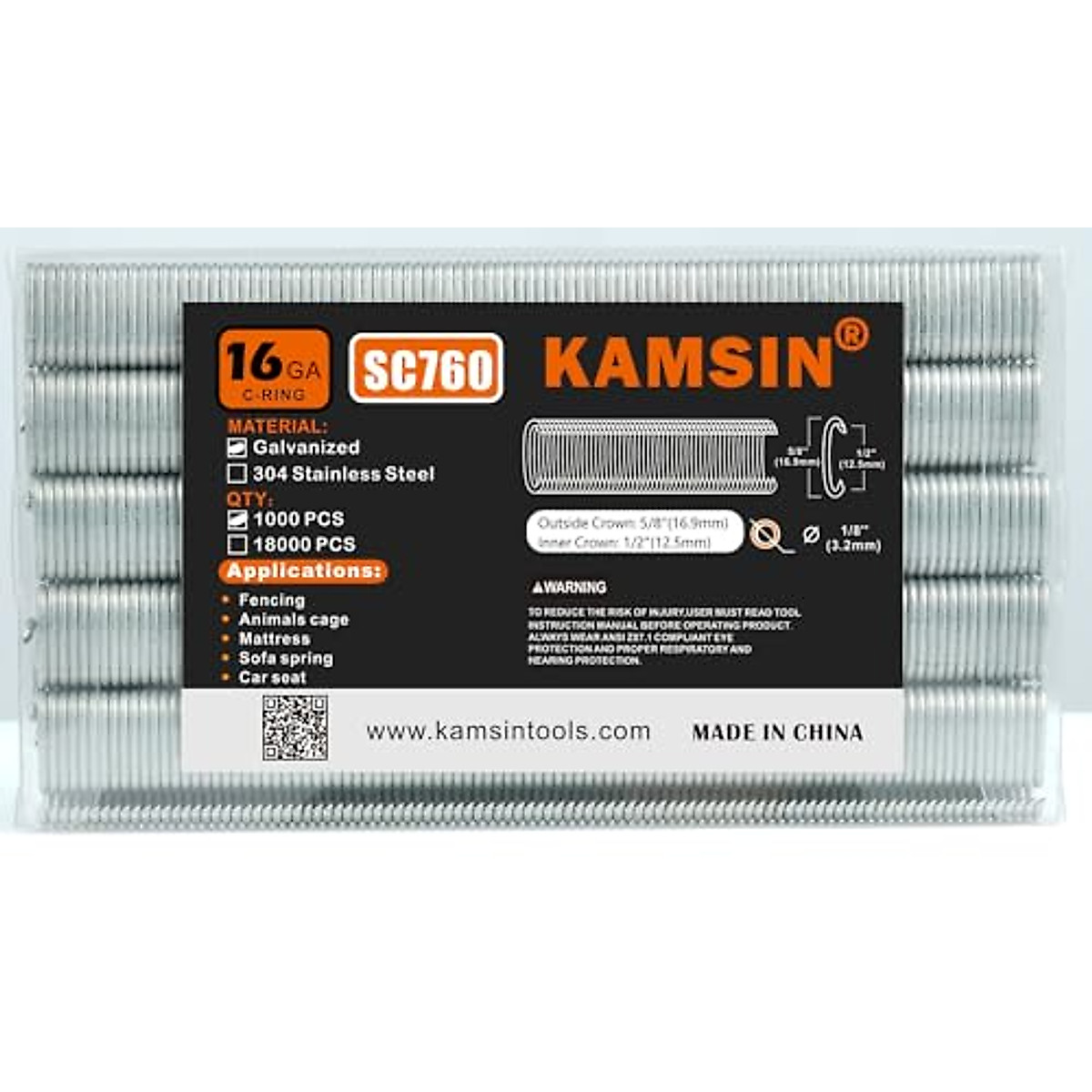 Kamsin 16 Gauge C-Type Hog Ring Staples, 1,000 PCS, Galvanized Steel, 1/2" (12.5mm) Inner Crown, 5/8" (16.9mm) Outside Crown for Pneumatic Hog Ring Gun in Cages Building or Fastening