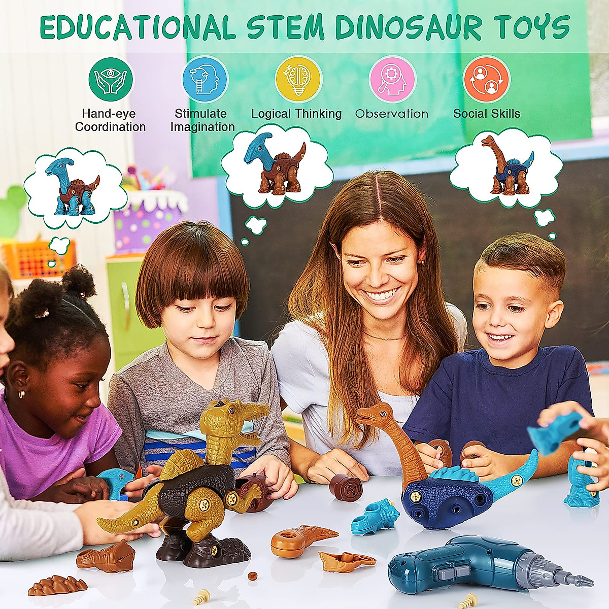 Take Apart Dinosaur Toys for Kids with Sound & Light & Wheel, Dinosaur Toy for 4 5 6 7 8 Year Old Boys,STEM Educational Construction Building Toy with Electric Drill Birthday Gift for Boy Girls