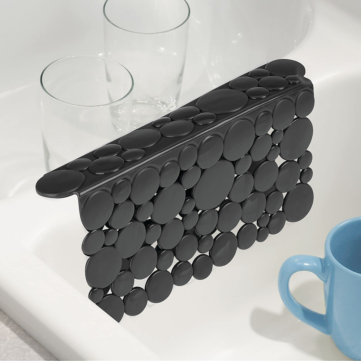 mDesign Decorative Kitchen Plastic Sink Protector Set, Quick Draining - Protect Surfaces and Dishes - Modern Bubble Design - Includes 1 Saddle, 2 Large Mats - Set of 3 - Black