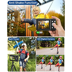 Digital Camera, FHD 1080P Kids Camera 44MP Compact Digital Camera with 32GB Card, 1 Batteries 16X Digital Zoom Point and Shoot Digital Cameras Gift for Kids Boys Girls Teens (Black)