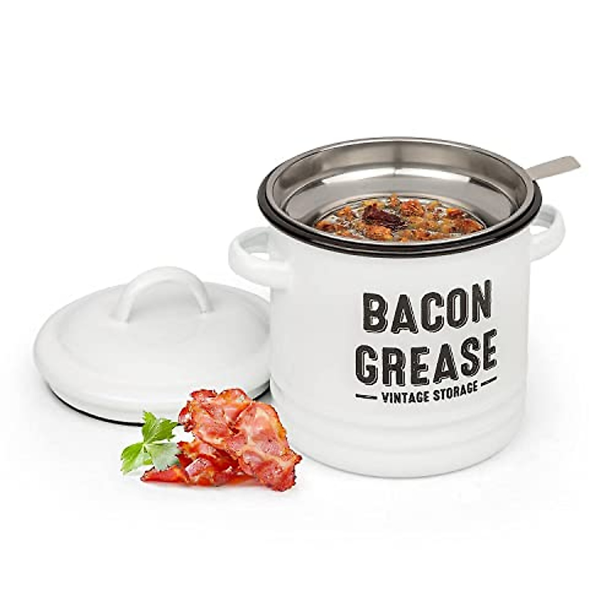 Granrosi Bacon Grease Container with Strainer, Cooking Oil Container, Bacon Grease Strainer, Cooking Oil Filter Pot Stainless Steel, Grease Can for Kitchen with Strainer, Bacon Fat Container - White