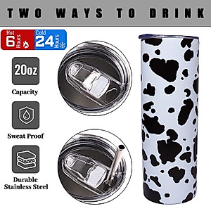 IchDich Cow Print Tumbler With Lid and Straw 20 oz Insulated Black Cow Tumbler Stainless Steel Cow Print Skinny Tumbler Water Bottle Coffee Cups Travel Mug Gifts for Women