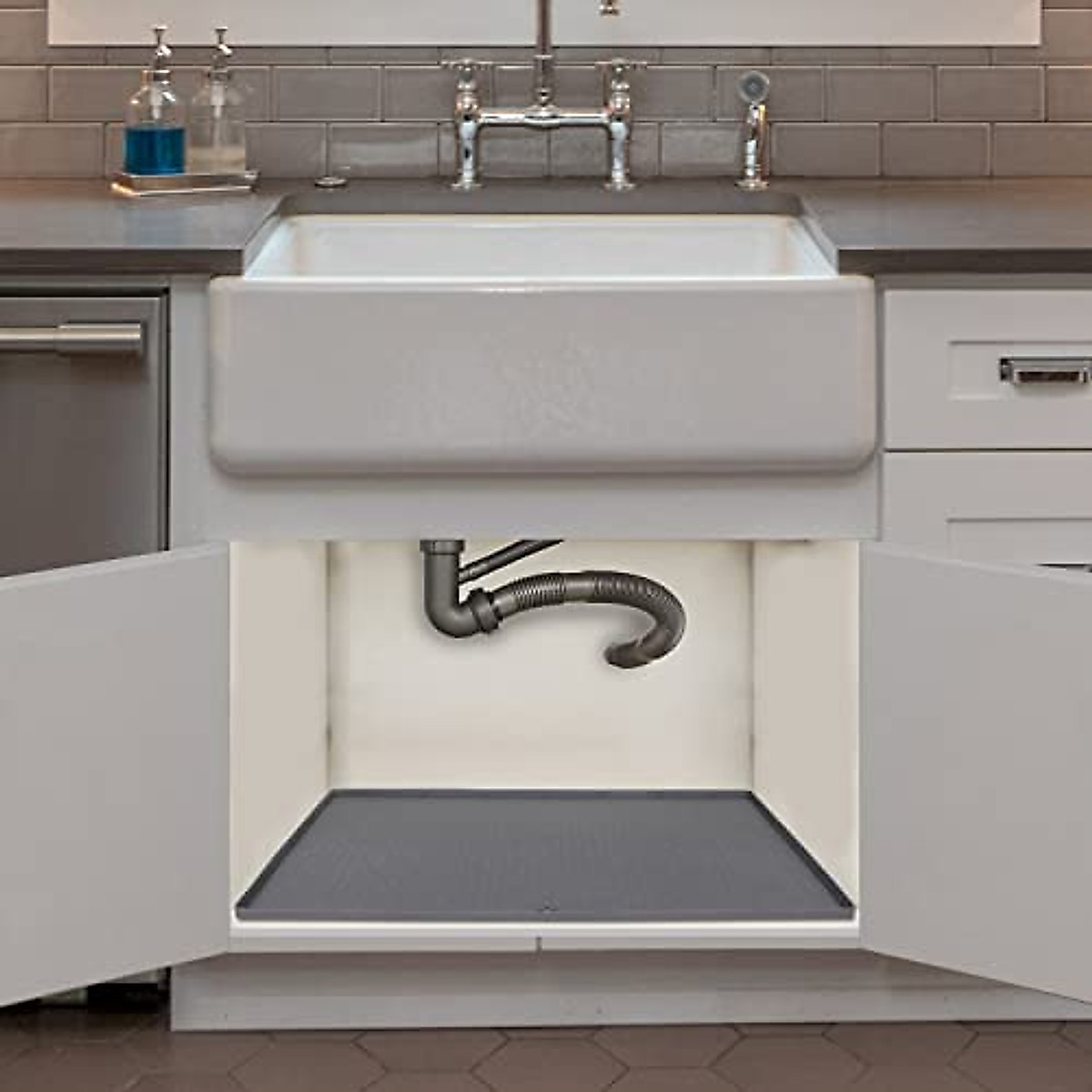 OFCTACK Under Sink Mat Silicone Waterproof Kitchen Cabinet Protectors with Unique Drain Hole Design Bathroom Under Sink Liner Shelf Mats (S, grey)