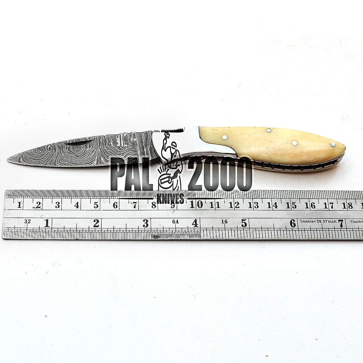 PAL 2000 HUNTING KNIVES FOL-9794 Handmade Damascus Steel Folding Pocket Knife With Leather Sheath