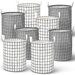 Nuogo 8 Pieces Freestanding Laundry Basket Round Collapsible Organizer Basket Cotton Linen Washable Laundry Hamper Waterproof Laundry Room Organization Large Storage Bins for Kids Toy Room Nursery