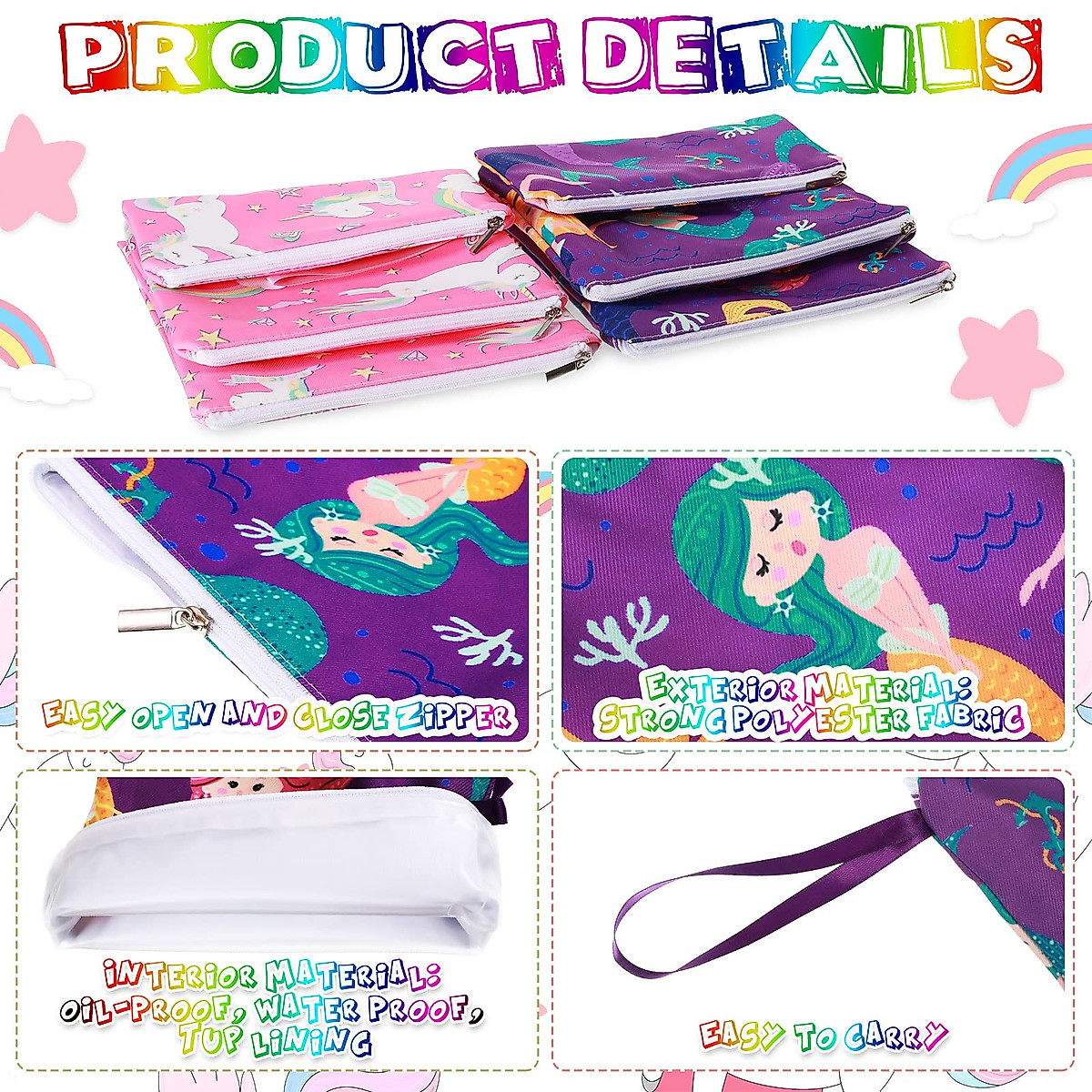 6 Pieces Reusable Snack Bags Sandwich Bags Washable Safe Food Lunch Bags Insulated Waterproof Pouch Mermaid Unicorn Rainbows Container Baggies for Snack Food Packing and Wrapping