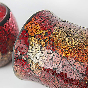 Two-piece Orange Red Mosaic Glass Tea Light Candle Holder Ball and Wind Lantern Shape Votive Candleholder Romantic Handmade Gifts Christmas Candlestick Holders Home Decor Wedding Party Table Decor