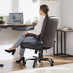 Sweetcrispy Ergonomic Executive Office Chair: Mid Back Desk Chair with Wheels Computer Chair with Lumbar Support Height Adjustable PU Leather Office Chair Flip-up Arms, Brown