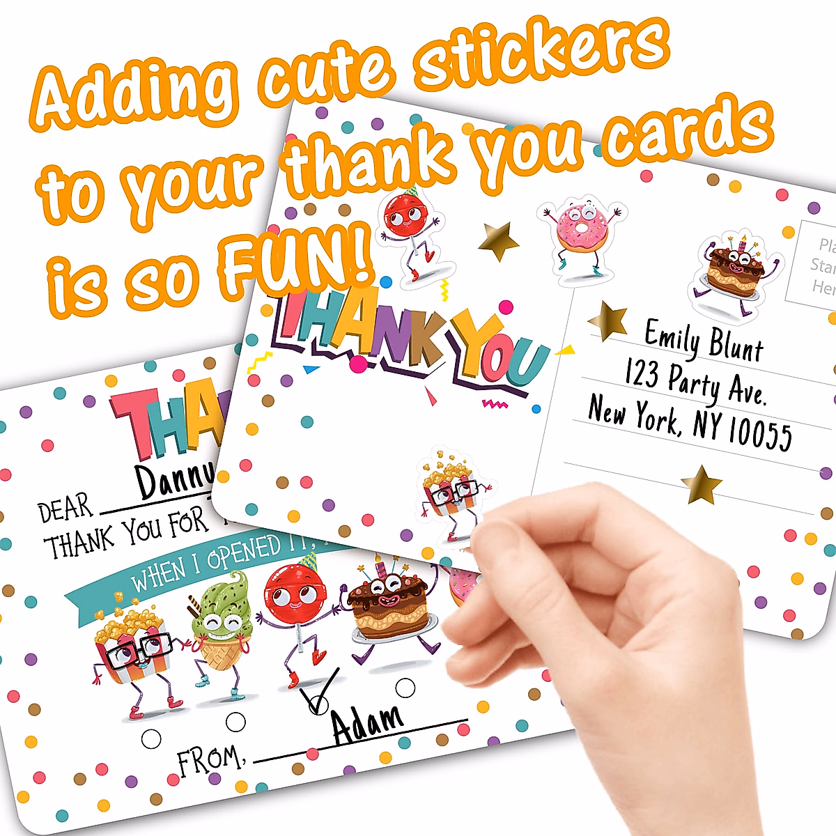 Gooji Kid’s Thank You Cards, 25 Pc. Postcards Set, Double-Sided Custom Cardstock with Fill in the Blank Messages for Birthday Party, Event, or Holiday Use, Stickers Included (Party Treats)