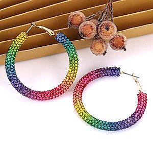 Boderier Hoop Earrings for Women Bohemian Rainbow Sparkle Pave Resin Rhinestone Wrapped Hoop Earrings Fashion Jewelry (Rainbow)