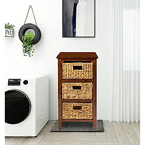 eHemco 3 Tier X-Side End Storage Cabinet with 3 Wicker Baskets, Walnut