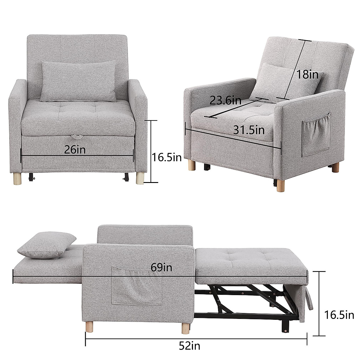 Gangnamri Sleeper Sofa Chair Bed, 3-in-1 Single Convertible Chair,Multi-Functional Sleeper Chair with Soft Fabric for Living Room, Dorm, Apartment, Bedroom or Office (Grey)