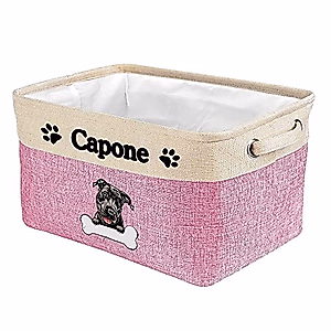 MALIHONG Custom Foldable Storage Basket with Lovely Dog Pit Bull Collapsible Sturdy Fabric Bone Pet Toys Storage Bin Cube with Handles for Organizing Shelf Home Closet, Pink and White
