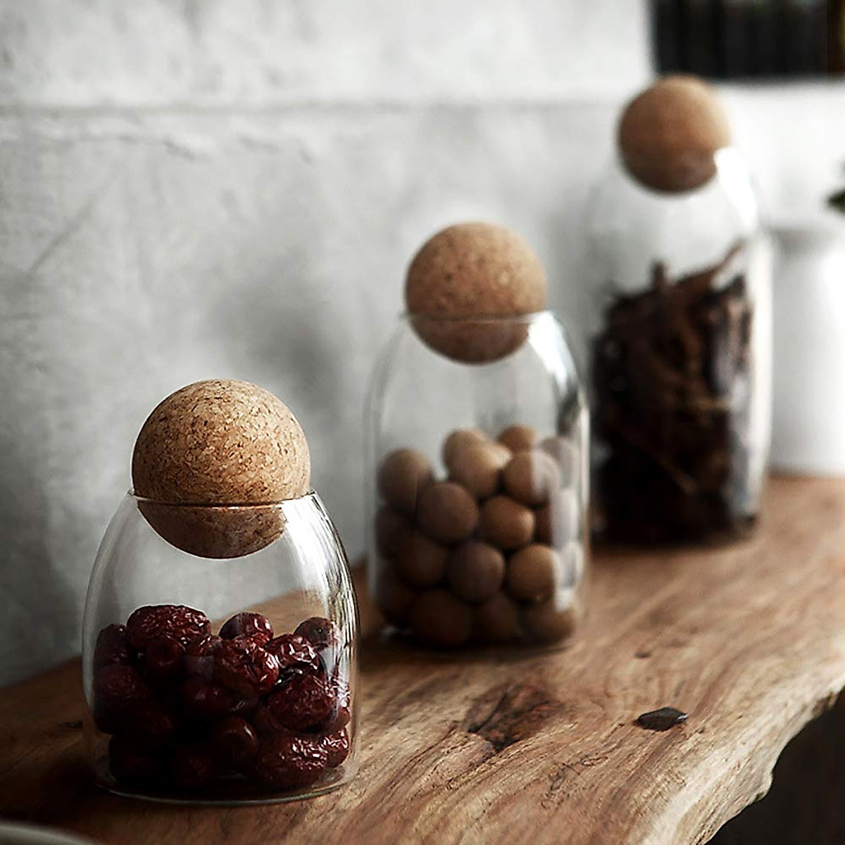 MOLADRI 1200ML/40Oz Clear Glass Storage Cute Canister Holder Ball Wood Cork Top, Modern Decorative Cylinder Container Jar with Round Lid for Coffee, Spice, Candy, Salt, Cookie Cool Terrarium Bottle