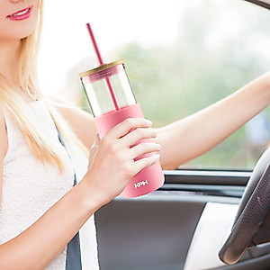 Klickpick Home 20 Ounce Glass Tumblers With Non Slip Silicone Sleeve And 3 Straws And 2 Wooden Fit Lid For Each Glass Water Bottle Tumbler BPA Free (Pink)