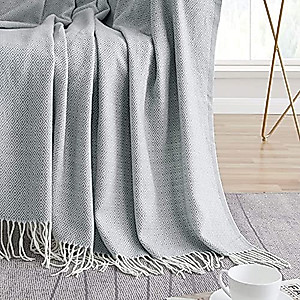 BOURINA Decorative Diamond Lattice Faux Cashmere Fringe Throw Blanket Lightweight Soft Cozy for Bed or Sofa Farmhouse Outdoor Throw Blankets, 50" x 60",Light Blue