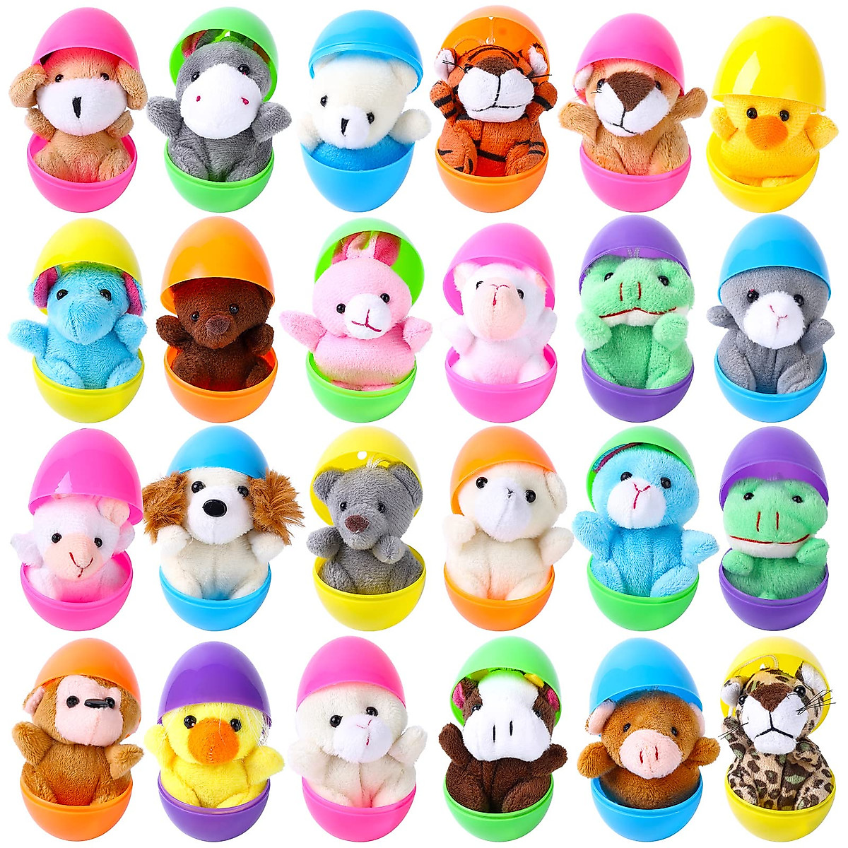 ThinkMax 24 pcs Easter Eggs Filled with Mini Plush Animals Toy for Basket Stuffers/Fillers, Hunt, Party Favor