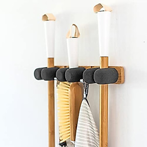 Full Circle Get A Grip Mop and Broom Organizer – Wall Mounted Storage for Kitchen or Closet – Lightweight Bamboo Hanging Broom Holder with Foam Pegs – Easy to Install Home Organization, Small