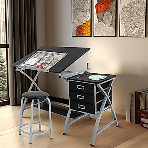 JupiterForce Drafting Table with Tiltable Tabletop and Stool, 3 Storage Drawers, Art Desks for Adults, Painters, Work Station, Home Office, Black