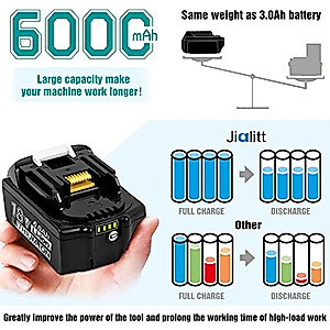 Jialitt BL1860 6.0Ah Replacement Lithium-ion Battery for Makita 18V Battery BL1850B BL1850 BL1830 BL1840 BL1860 LXT Cordless Power Tools W/LED Indicator (2 Pack)